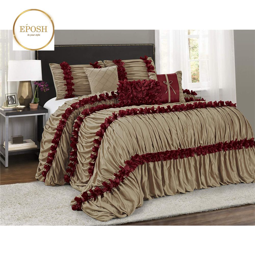 Golden/Maroon Elegant Bridal Quilt Set - 12 Pieces with Free Quilt Fil ...